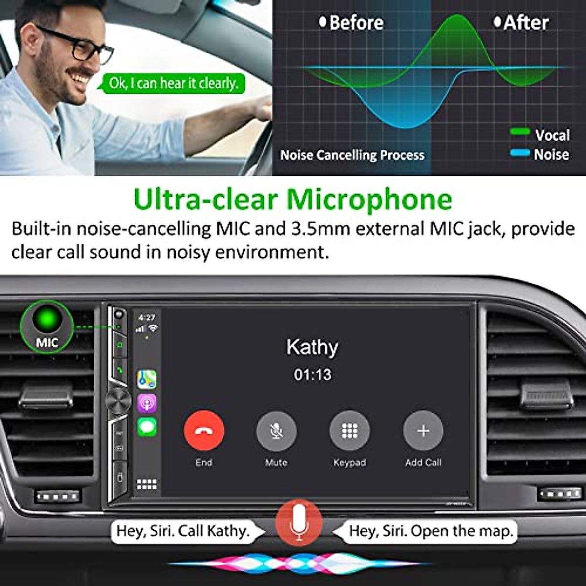 Double Din Car Radio with Bluetooth, Voice Control Apple CarPlay Screen, Mirror Link, 7 Inch HD Capacitive Touchscreen Car Play, Backup Camera, Subw, USB/SD Port, Multimedia Player AM/FM Car Stereo