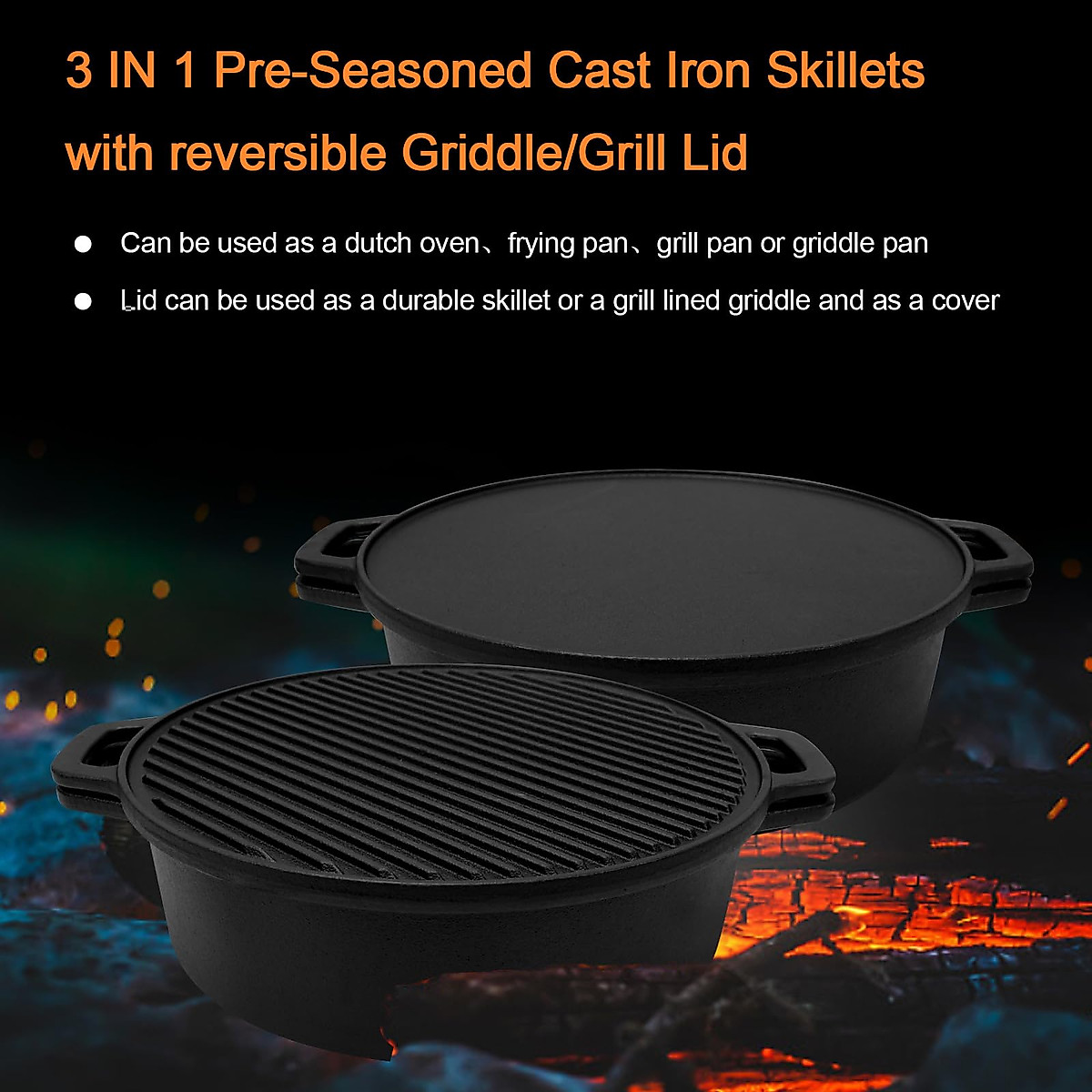 GEDIAO 3IN1 Pre-Seasoned Cast Iron Pan With Reversible Grill Griddle Lid, Multi Cooker Deep Roasting Grill Pan, Dutch Oven with Lid, Non-Stick Open Fire Camping, 5.2QT