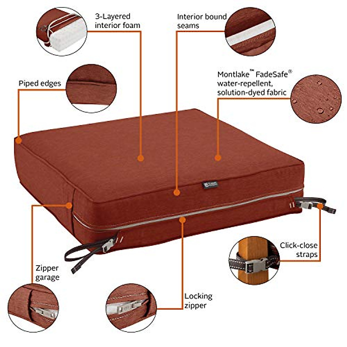 Classic Accessories Montlake FadeSafe Water-Resistant 21 x 21 x 5 Inch Square Outdoor Seat Cushion, Patio Furniture Chair Cushion, Heather Henna Red