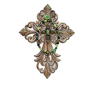Upscaled Green ROSE Beaded WALL CROSS Decor, Wood Hand Beaded Cross, Office home church cross, upscaled religious art, Christian gift