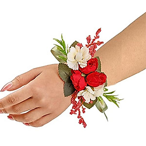 Campsis Wedding Wrist Flower Corsage Red Handmade Floarl Hand Flower Bride Bridal Artificial Wristlet for Prom Party Beach Photography 2PCS