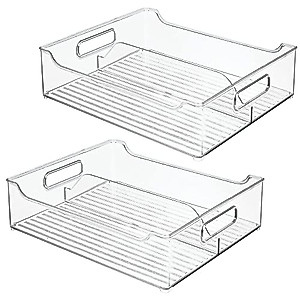 mDesign Wide Plastic Kitchen Pantry Cabinet, Refrigerator, Freezer Food Storage Bin with Handles - Divided Organizer for Fruit, Yogurt, Snacks, Pasta - BPA Free, 14.5" Long, 2 Pack - Clear