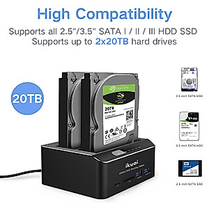 ikuai SATA to USB 3.0 Dual Bay Hard Drive Dock for 2.5"/3.5" SATA HDD SSD with Micro SD Card Reader 2 USB 3.0 Port, Offline Clone Function External Hard Drive Docking Station, 2X20TB and UASP Support