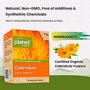 PLANET ORGANIC CALENDULA HERBAL TEA BAGS - 25 Tea Bags of Certified Organic Calendula Tea (Dried) for Natural Wellness, Non-GMO, Compostable Packaging (0.6oz/18g)