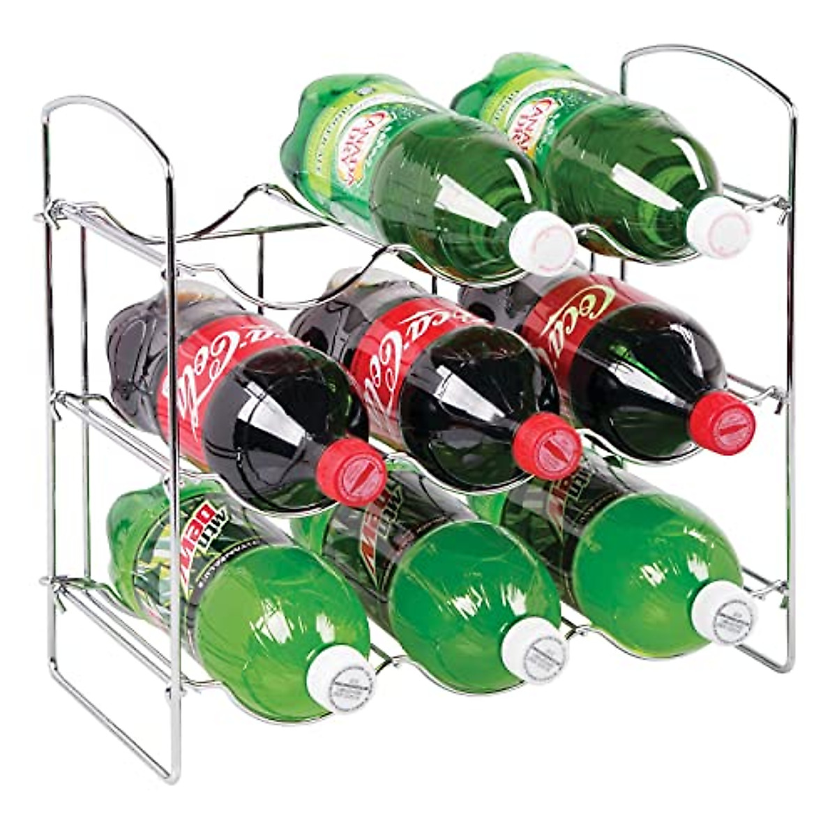mDesign Metal Wire Free-Standing Water Bottle Rack - Storage Organizer for Kitchen Countertops, Pantry, Fridge - 3 Levels, Holds 9 Bottles - Chrome