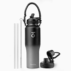 Trebo Water Bottle 32oz with Paracord Handle,Food-grade Double Wall Vacuum Stainless Steel Insulated Tumbler Flask with Straw Spout Lids,Leakproof Keep Cold & Hot,Fit in Any Car Cup Holder,Dark Gray