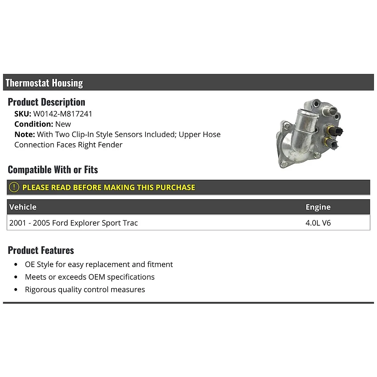 Marketplace Auto Parts - Thermostat Housing - with Two Clip-In Style Sensors Included - Compatible with 2001-2005 Ford Explorer Sport Trac 4.0L V6