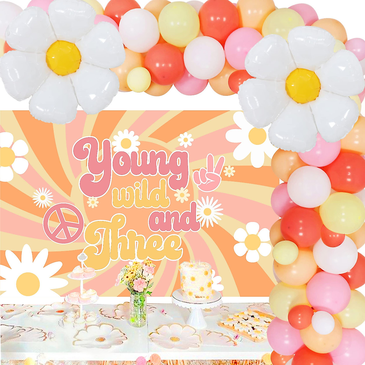 Cheereveal Young and Wild Three Decorations Girl, Three Groovy Birthday Decorations with Backdrop Retro Hippie Boho Daisy Flower 3rd Birthday Supplies Balloon Garland Kit