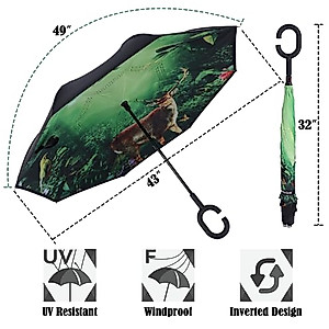 Wxjiahetai Inverted Reverse Umbrella with C-shaped Handle Windproof Upside Down Umbrellas for Rain Double Layer Hands Free Umbrella for Women and Men (Forest Elk)
