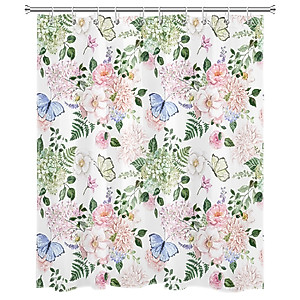 LB Pink Floral Shower Curtain for Bathroom, Blue and Green Butterfly with Leaf on White Fabric Shower Curtain with Hooks, Country Nature Botanical Bathroom Curtain Shower Set, 60" W x 72" L