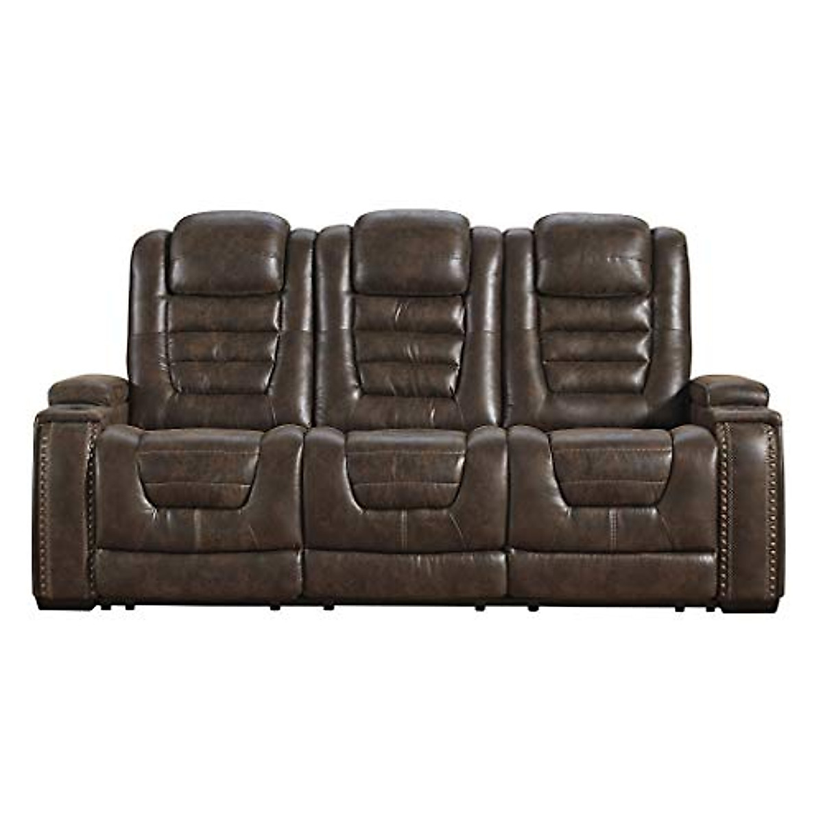 Signature Design by Ashley Game Zone Faux Leather Adjustable Power Reclining Sofa with Cup Holders and Storage, Brown