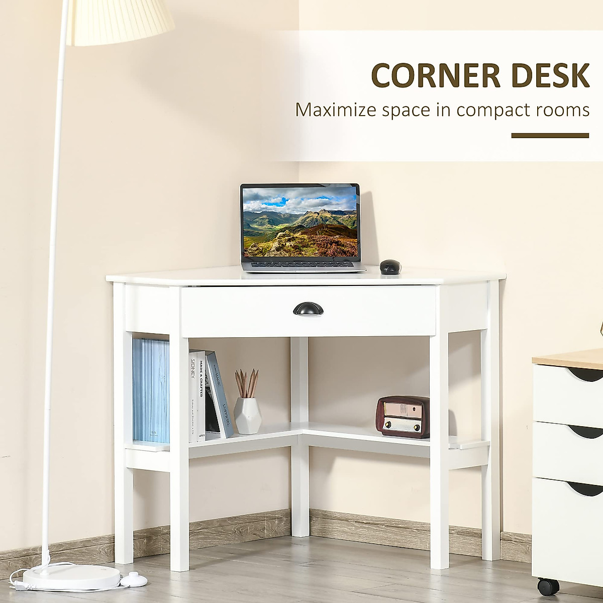 HOMCOM Corner Desk, Triangle Computer Desk with Drawer and Storage Shelves for Small Spaces, Home Office Workstation for Living Room, or Bedroom, White