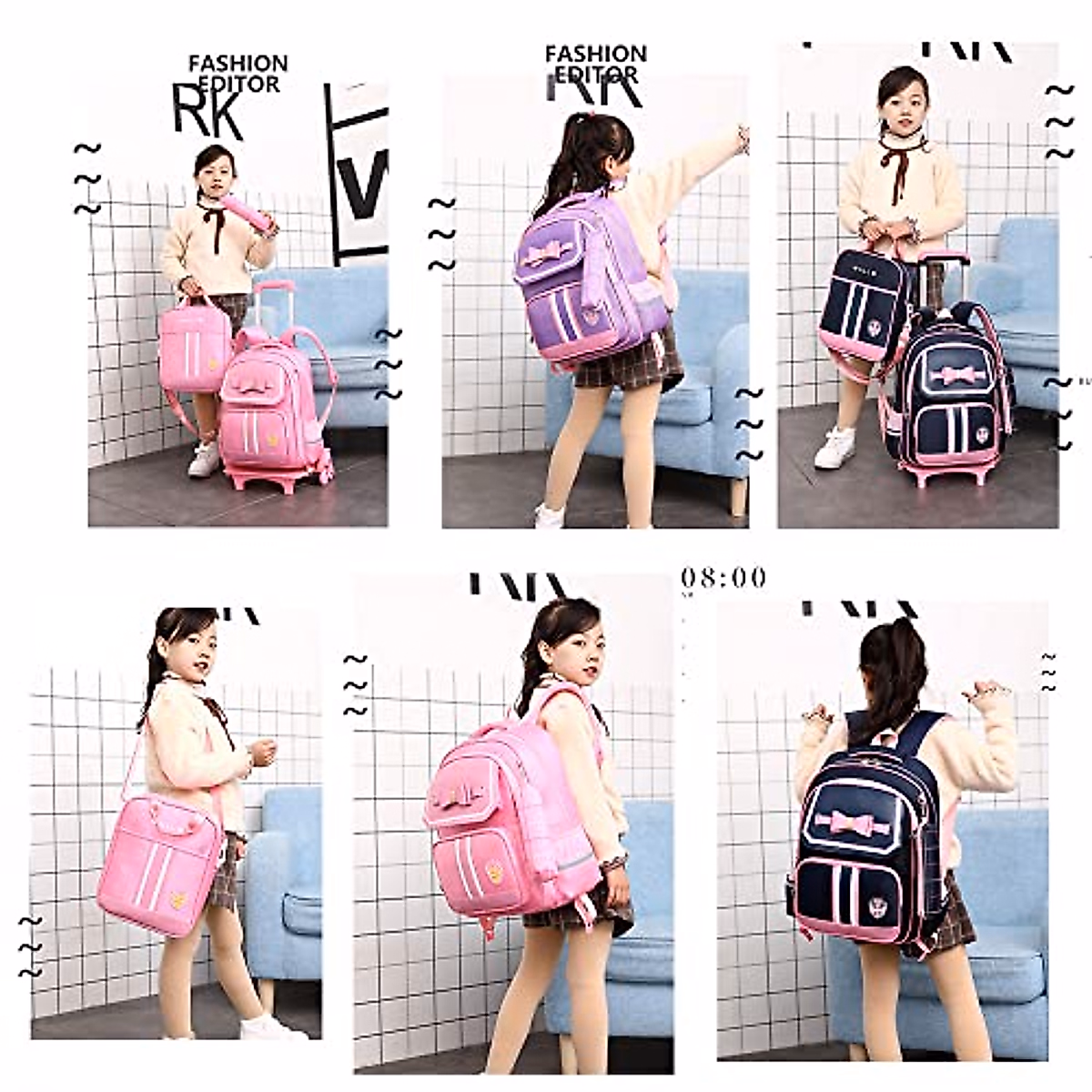 ZHANAO Rolling Trolley Bag Wheeled Backpack Bowknot for Girls Primary Schoolbag 3Pcs with Crossbody Bag Pencil Case