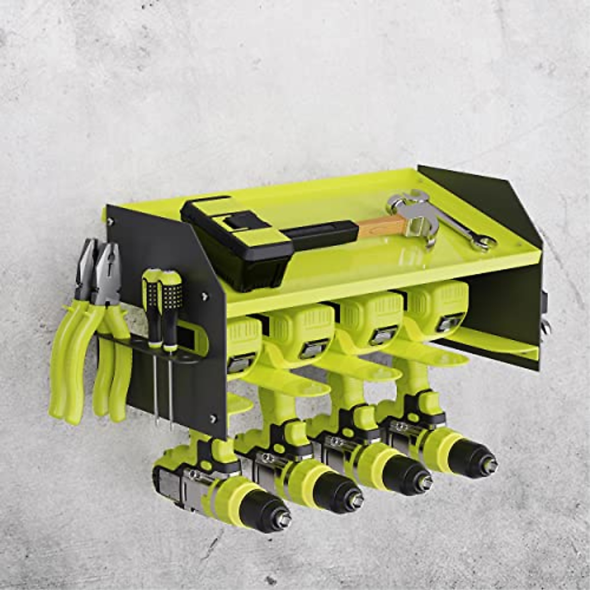 Drill Storage Rack，Power Tool Organizer Drill Holder Wall Mount， Drill Organizer for Garage, Workshop,Drill Bit Storage Shlef, Holds 4 Drills with Screws Box (Green-2 Layer)