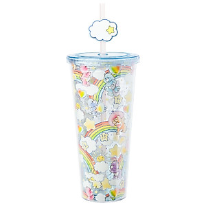 Silver Buffalo Care Bears Rainbow Hearts Stars Featuring Cheer Bear, Bedtime Bear, Funshine Bear, and Share Bear Watercolor Plastic Cold Cup with Lid and Straw Topper, 24 Ounces