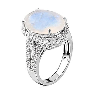 Moon Glow Moonstone White Zircon 925 Sterling Silver Platinum Plated Halo Ring for Women Jewelry Gifts Size 6 Ct 8.7