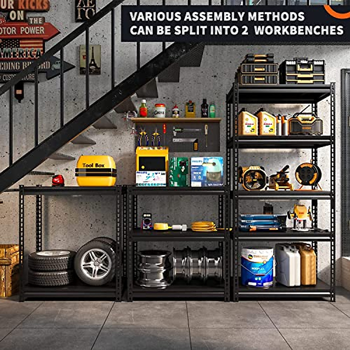 REIBII Garage Shelving Heavy Duty Storage Shelves Loads 1690 LBS, Garage Storage Shelves Adjustable Metal Shelving Heavy Duty Metal Shelves for Garage,Basement 32" W x 17" D x 72" H,Black