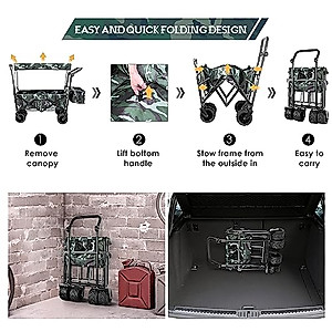 Arlopu Collapsible Garden Cart w/Removable Canopy, Extra Large Folding Utility Wagon Carts w/7" Wheels, Heavy Duty Outdoor All Terrain Beach Wagon for Camping, Shopping, Picnic, Sports (Camouflage)
