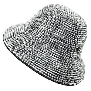 Rhinestone Bucket Hat Bling Bling Large Silver Studded Cap Hip Hop Rainbow Caps Headwear (Silver)