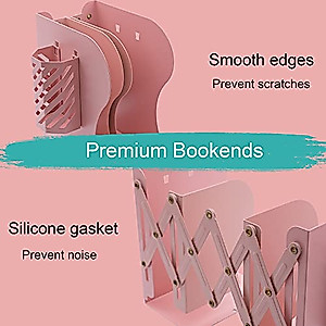 Simplesun Expandable Bookends, Metal Adjustable Book Ends for Heavy Books, Book Shelf Organizer Holder for Desk, Office Home School Kid Student Book Stroage (Pink)