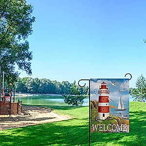 Covido Home Decorative Welcome Spring Summer Lighthouse Garden Flag, Coastal Seagull Birds Yard Beach Nautical Sailboat Outside Decoration, Ocean Outdoor Small Burlap Decor Double Sided 12 x 18