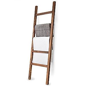 MyGift Rustic Brown Wood 4 ft Leaning Towel Ladder Rack for Bathroom Storage with 5 Hanging Rungs, Farmhouse Style Blanket and Quilt Display Ladder