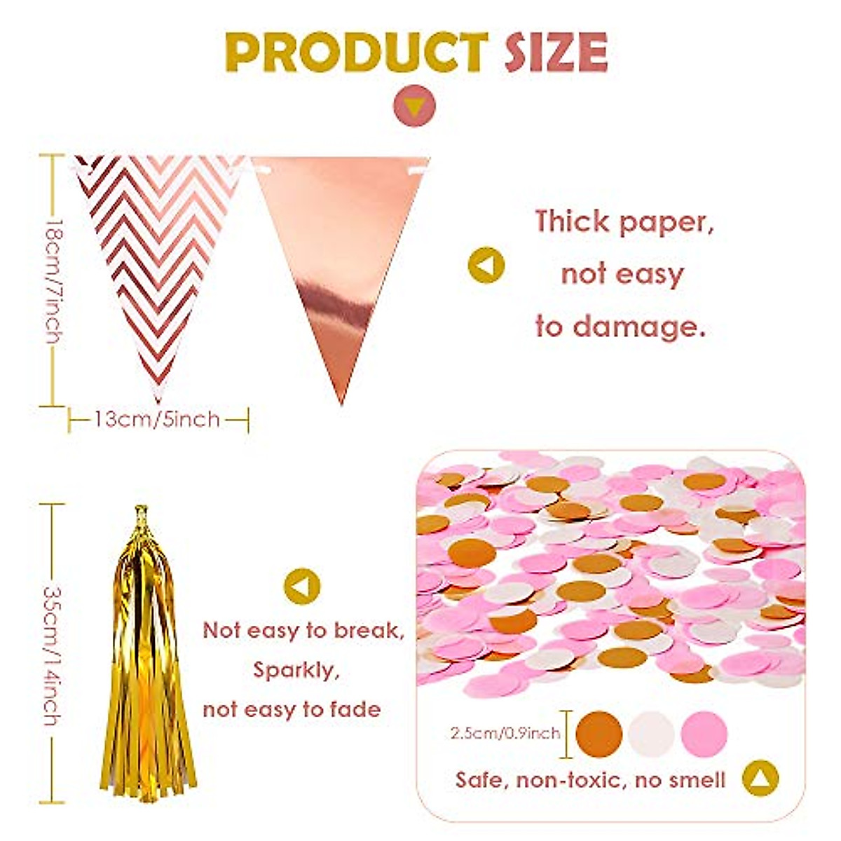 MerryNine Sparkly 40PCS Gold Pink Tassel Garland and 15PCS Paper Pennant Banner Triangle Flags Bunting and 10g Gold Paper Confetti
