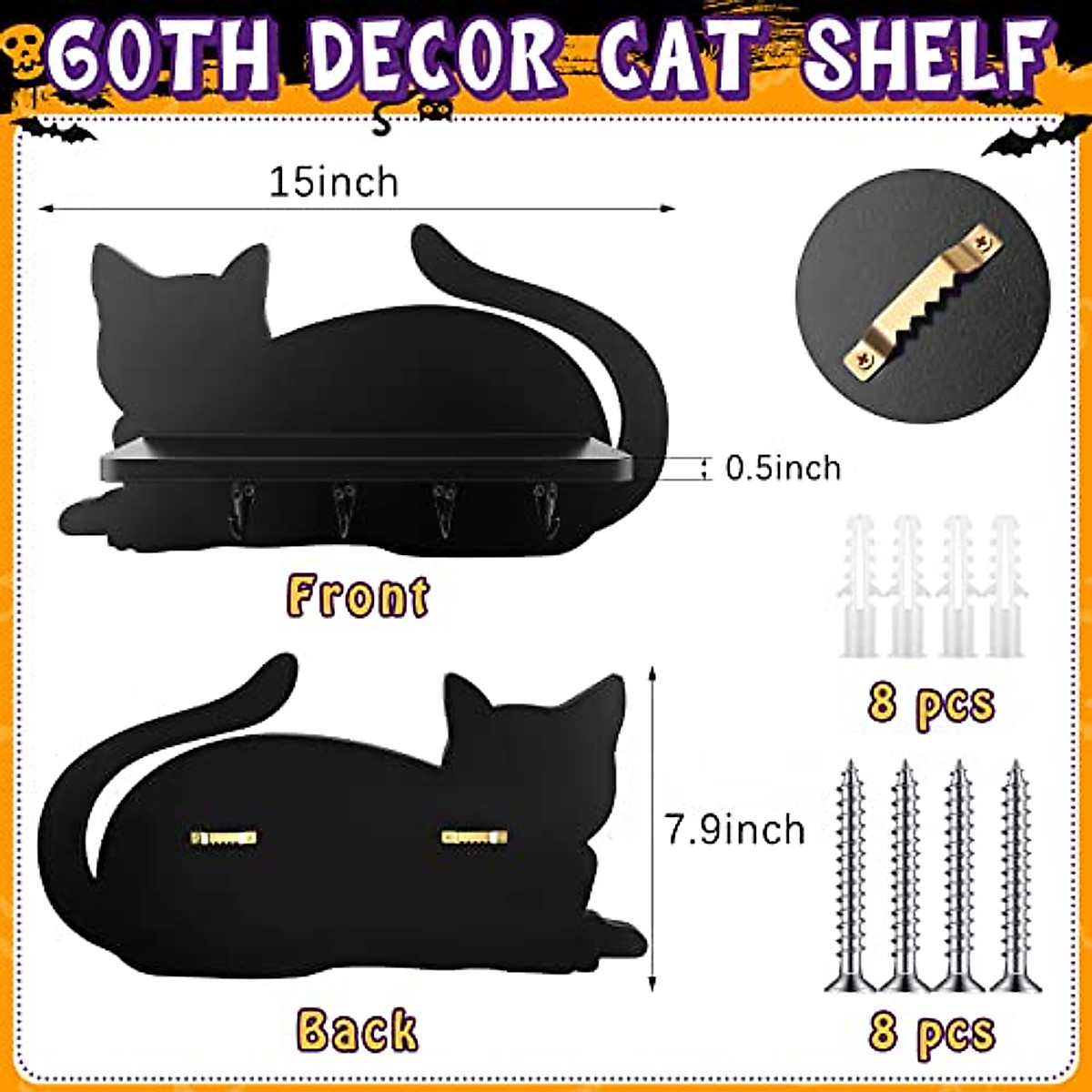 Black Cat Wooden Wall Shelf with Hanging Hooks Cute Cat Crystal Shelf Display Black Cat Decor Gothic Wall Decor Black Cat Decor for Bathroom Dinning Room Halloween Supplies