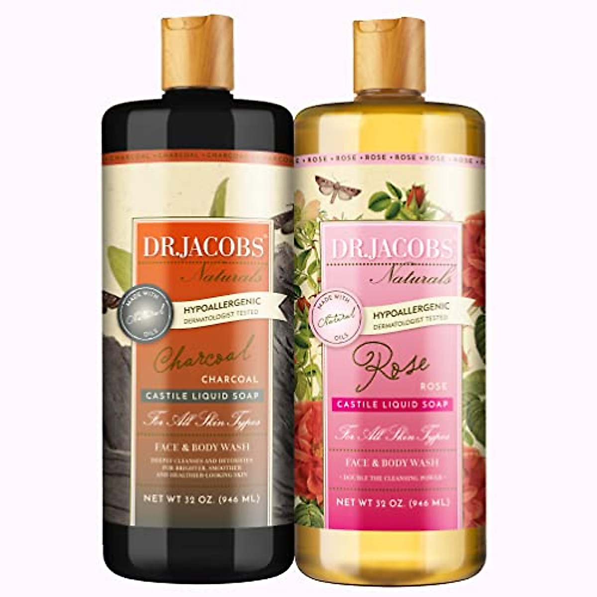 Dr Jacobs Naturals 32 Oz. 2 Pack Pure Castile Liquid Soap - No Palm Oil, GMO Free - Multi-Purpose for Face, Hair, Laundry and Dishes - Hypoallergenic and Dermatologist Approved (Rose & Charcoal)