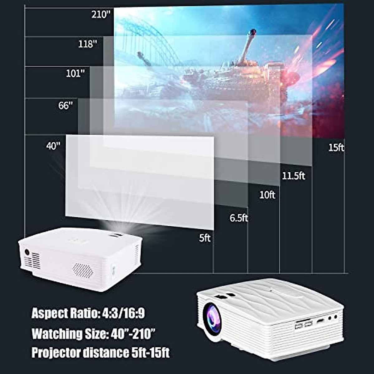Projector Laptop Mini Projector 1080P Supported Home Outdoor Video Projector Computer, 5500 Lux 120" Display Movie Projector, Compatible with Phone, Computer, Laptop, USB, HDMI, VGA