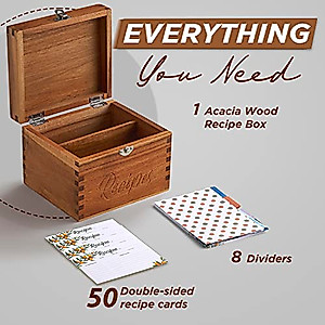 LUTANI Acacia Recipe Box with Cards - Blank Recipe Box Wooden Set Come with 50 4x6 Recipe Cards, 8 Dividers, Cards Made with Thick Card Stock. Perfect Recipe Organizer (Acacia Wood)