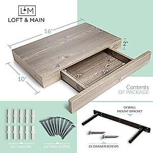 Floating Shelf with Drawer, Floating Nightstand for Bedroom - 16” Wall Shelf, White Floating Shelf with Storage, Floating Shelf for Office Bathroom Kitchen Floating Bedside Table (Grey Wood)