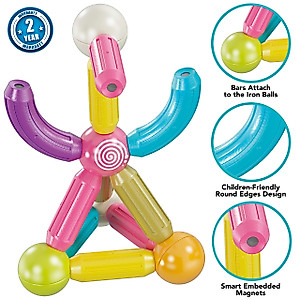 Magnetic Balls and Rods Set | 34 PCS Educational Magnet Building Blocks – Vibrant Colors, Different Sizes & Curved Shapes + Instructions Manual – Developmental STEAM Toys for Boys & Girls 3 4 5 6 7