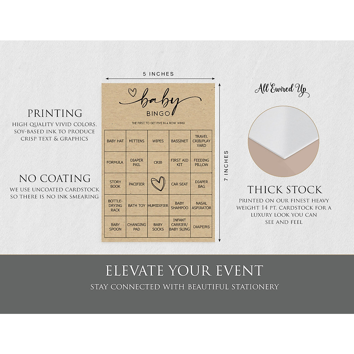 Baby Bingo Game (50 Unique Cards) Kraft Pre-Filled Fun Baby Shower Game Activity, Preforated Calling Cards, Gender Neutral Boy or Girl, Minimalist