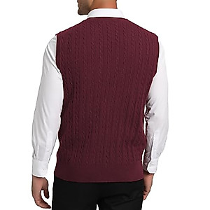 Kallspin Men’s Wool Blended Cable Knit Vest Sweater V Neck Relaxed Fit Sleeveless Pullovers (Burgundy Red Medium)