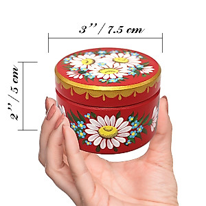 AEVVV Red Round Wooden Trinket Box with Lid for Jewelry - Decorative Wooden Box with Hand Painted Slavic Floral Design - Lacquer Engagement Ring Box Flowers