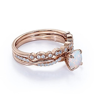 PVN Jewels Halo 2-Piece Art Deco Wedding Engagement Bridal Set Ring Band Round Simulated Opal & CZ 925 Sterling Silver 5.5