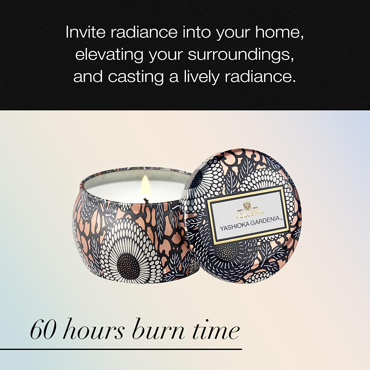 Voluspa Yashioka Gardenia, Mini Tin Candle, 4 oz, 25 Hour Burn Time, All Natural Wicks and Coconut Wax for Clean Burning, Vegan, Poured in the USA