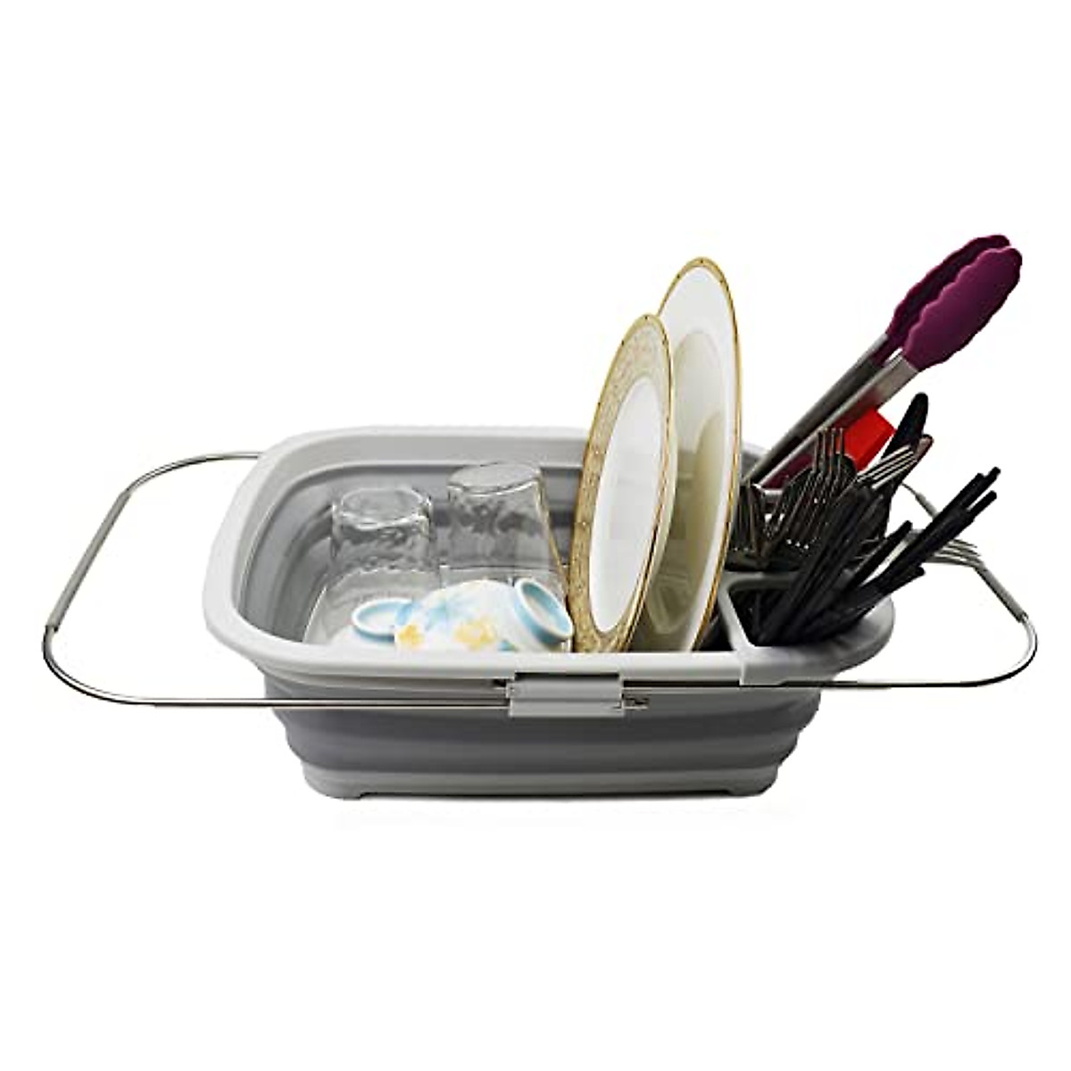 SAMMART 8L (2.11Gallons) Expandable Collapsible Dish Drainer - Foldable Drying Rack - Portable Dinnerware Organizer - Space Saving Kitchen Storage Tray (Grey, 1)