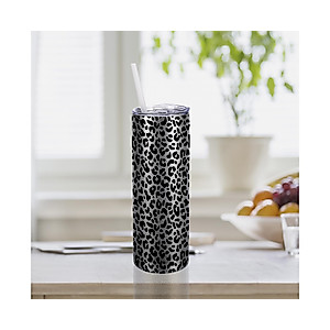 Elanze Designs Cheetah Animal Print Wrap-Around Design 20 Ounce Insulated Stainless Steel Coffee Travel Tumbler Mug Cup, Slide Top Lid & Reusable Straw, Silver Sparkle Glitter