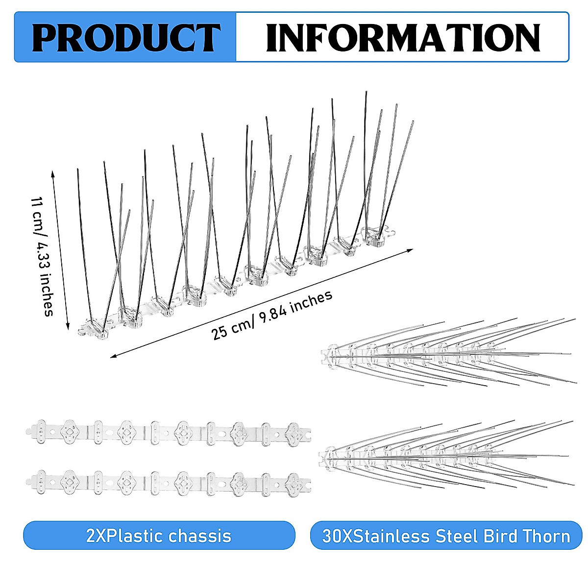 Stainless Steel Bird Spikes Anti Pigeons Deterrent Kit Bird Spikes Anti Climb Security Wall Fence Away from Roof Windowsill Deterrent for Birds Crows and Woodpeckers Easy Setup and Remove (2 Pieces)