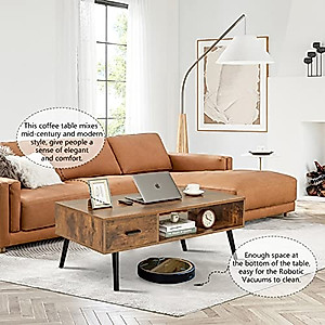 Iwell Mid Century Coffee Table with Drawer and Storage Shelf for Living Room, Wood Cocktail Table, Accent TV Table for Reception Room/Office, Easy to Assemble, Rustic Brown