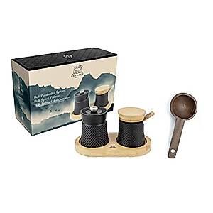 Peugeot Bali Black Cast-Iron Pepper Mill & Salt Cellar With Wooden Tray Gift Boxed- With Wooden Spice Scoop