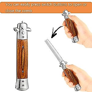2 Pieces Wood Grain Switchblade Blade Comb Pocket Hair Brush Automatic Push Button Brush and Folding Butterfly Comb Stainless Steel Training Practice Comb Outdoor Practice Comb (Black)