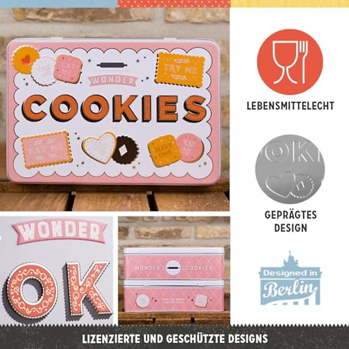 Nostalgic-Art Retro Storage Tin Box Flat, 84.5 oz, Wonder Cookies – Gift idea for the kitchen, Metal Can with Lid, Decorative vintage design