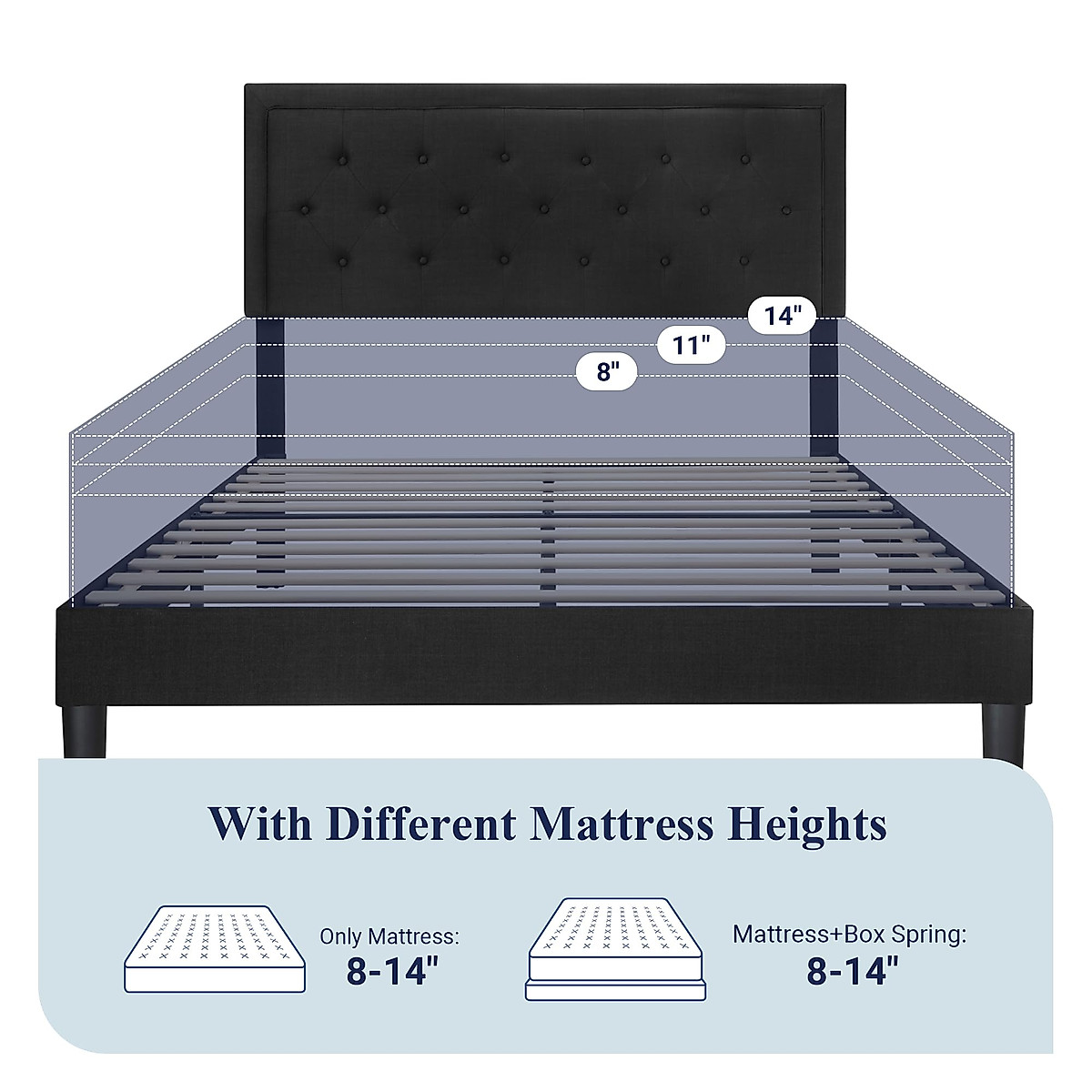 Allewie Full Size Upholstered Platform Bed Frame with Adjustable Headboard, Button Tufted, Wood Slat Support, Easy Assembly, Black