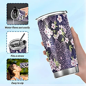 ALAZA Insulated Tumbler Purple Mandala Cherry Flower Stainless Steel Vacuum Coffee Water Tumbler Bottle with Lid and Straw Double Walled Travel Mug 20oz for Hot & Cold Drinks