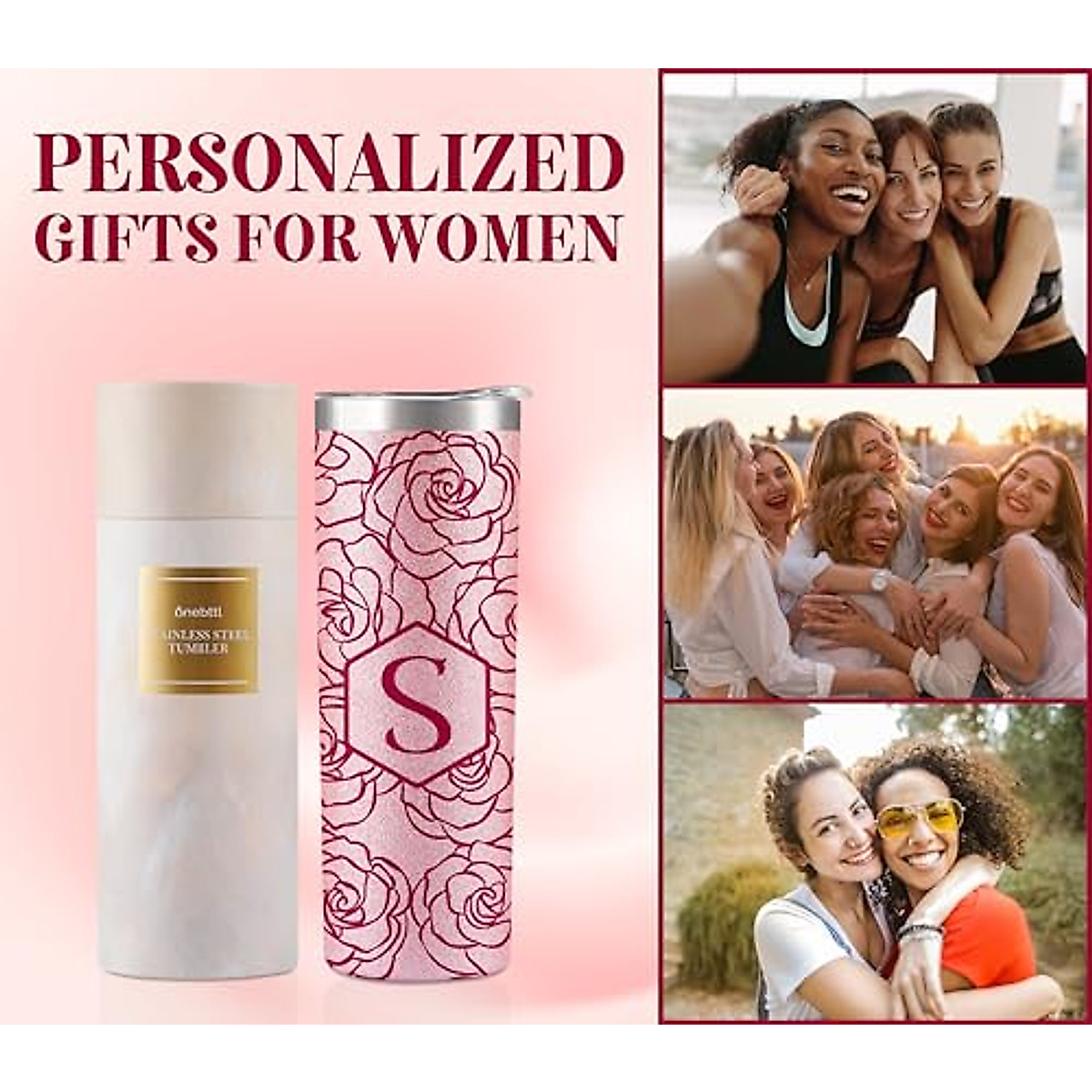 Onebttl Monogrammed Gifts for Women, Personalized Travel Mugs, Unique Coffee Tumbler with Initials for Her on Birthdays Christmas, Rose Gold, D