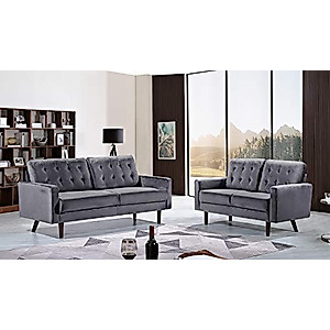 Container Furniture Direct Celestina Mid Century Modern Velvet Upholstered Living Room Loveseat, 52.76", Grey