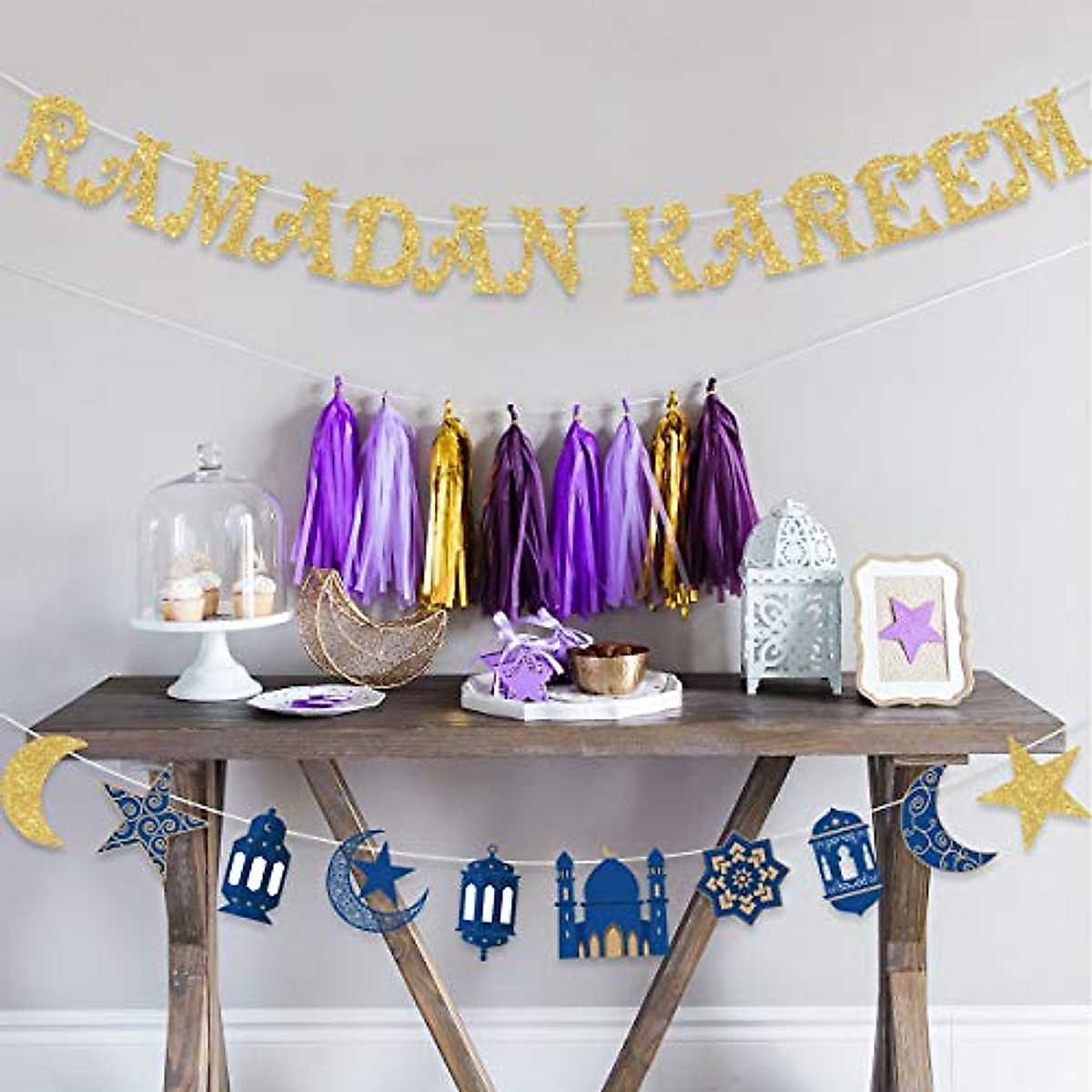 Ramadan Kareem Banner Gold Glitter Eid Mubarak Party Decorations with Moon and Stars Lights Garland for Muslim Islam Eid Festival Party Supplies